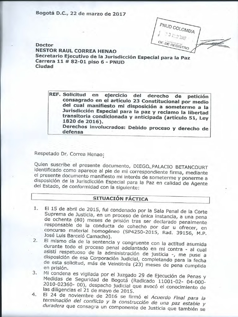 Carta Radicada Secretario JEP Sometimiento | PDF