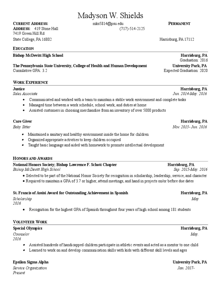 Resume Freshmen Year | PDF | Pennsylvania State University | Pennsylvania