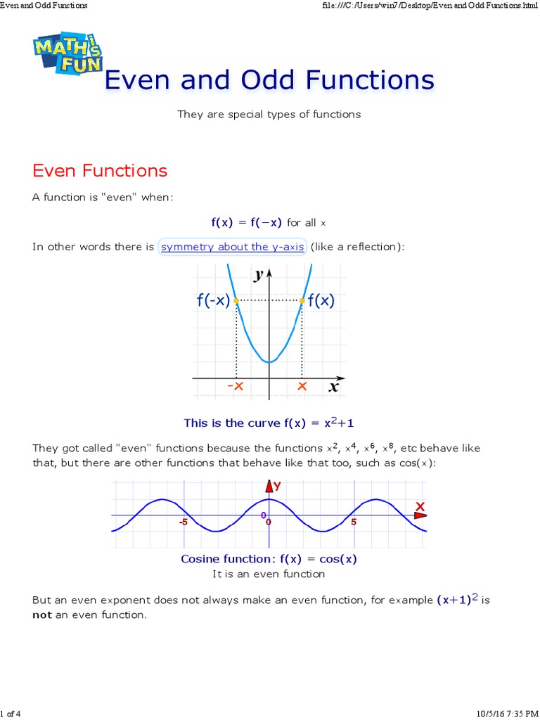 Even and Odd Functions | PDF | Sine | Trigonometric Functions
