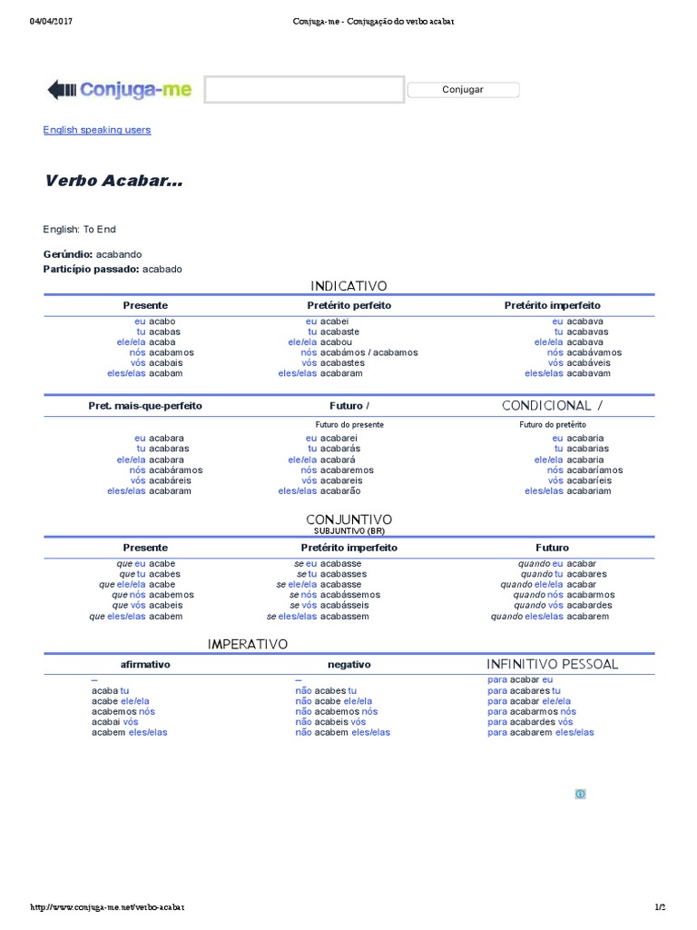 Acabar - Conjugação Do Verbo Acabar | PDF | Tempo gramatical | Ciência ...