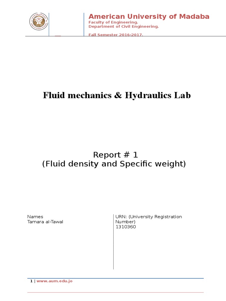 Fluid Lab Report 1 | PDF | Density | Kilogram