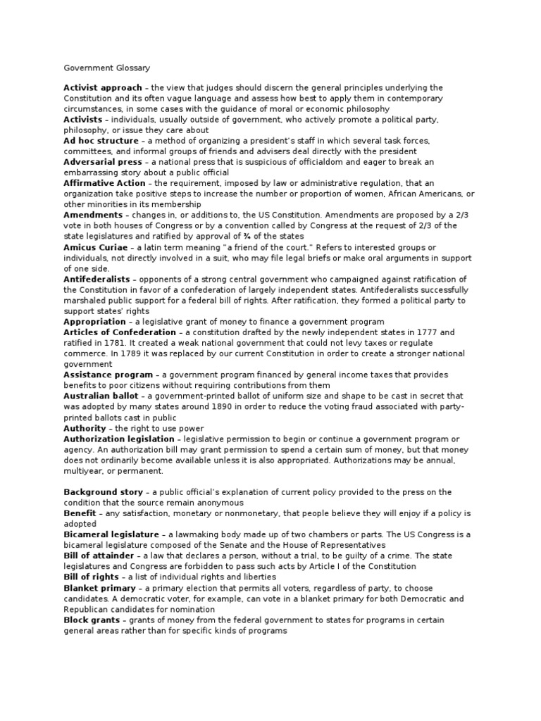 Government Terms and Definitions | PDF | United States Constitution ...