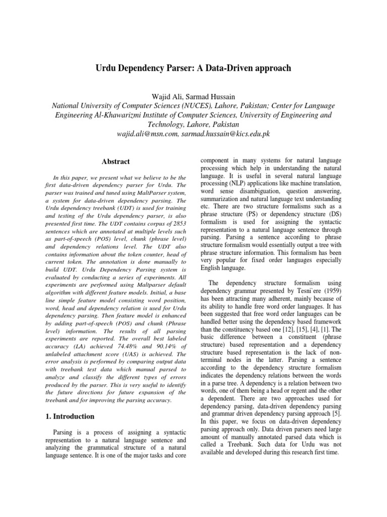 Urdu Dependency Parser A Data-Driven Approach | PDF | Parsing | Style (Fiction)