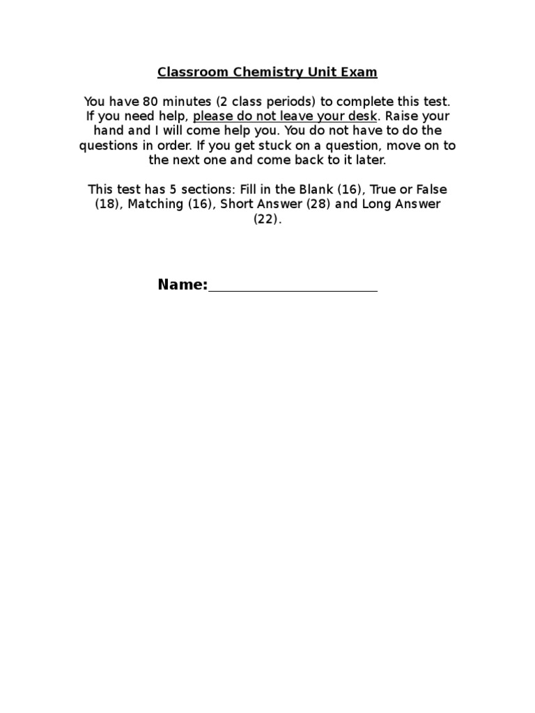 Classroom Chemistry Unit Exam | PDF | Solution | Matter