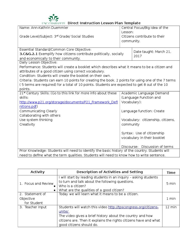 Direct Instruction Lesson Plan Template: Nitions PDF | Download Free ...