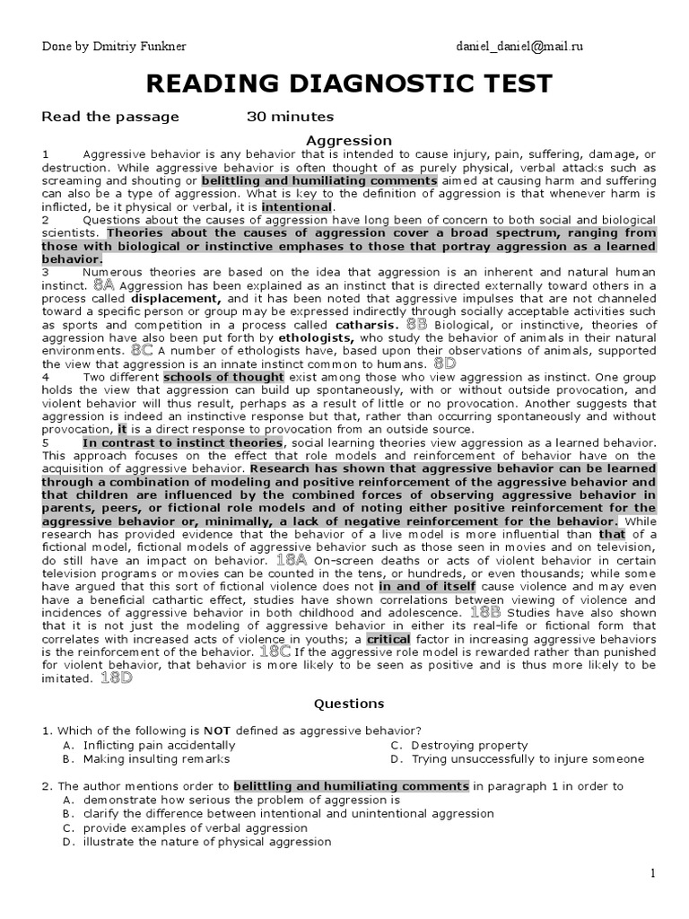 01 Reading Diagnostic Test Student | PDF | Aggression | Reinforcement