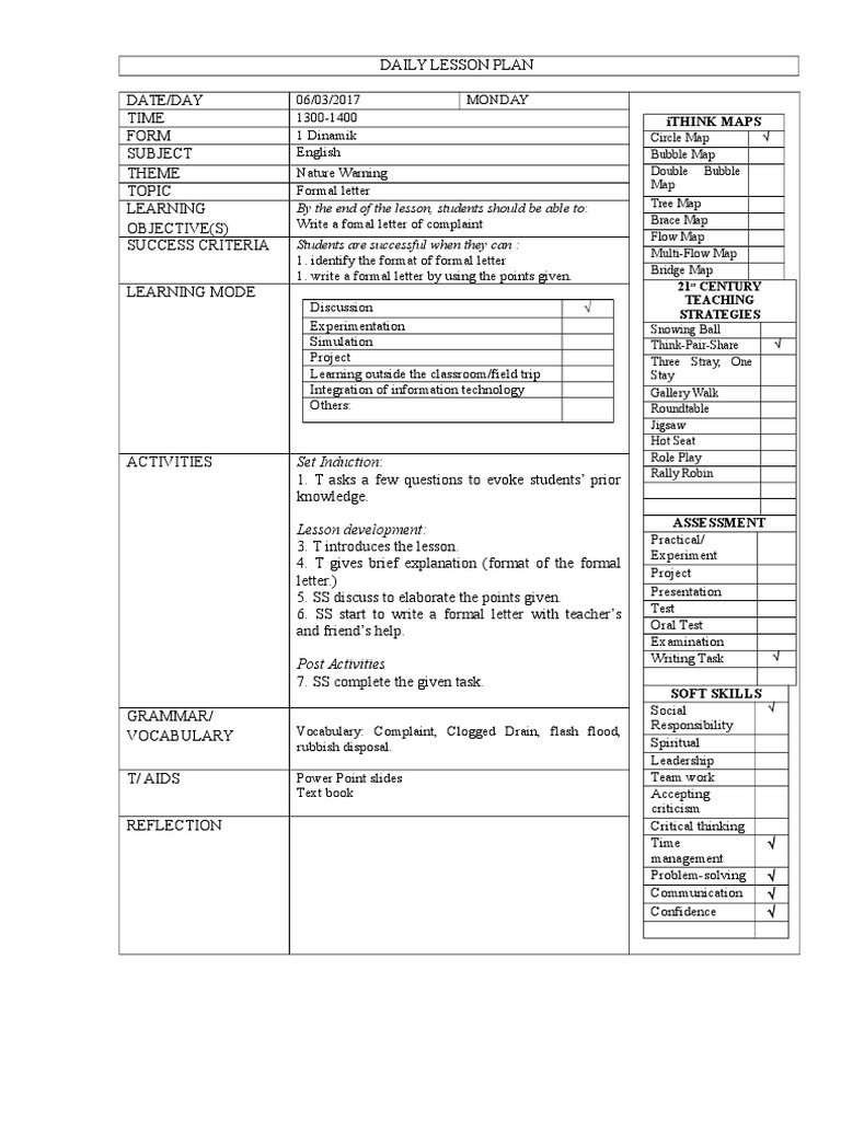 Form 1 English Lesson Plan: Formal Letter | PDF | Lesson Plan ...