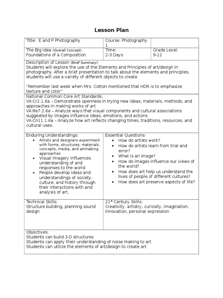 E and P Photography | PDF | Design | Lesson Plan