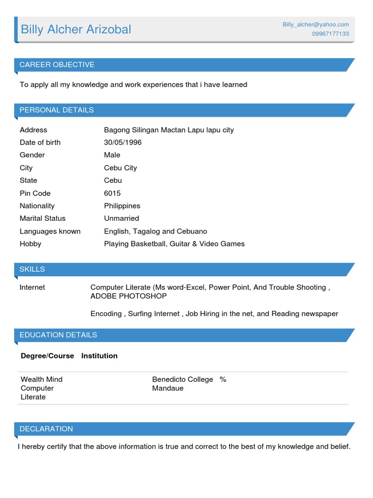 Billy Alcher Arizobal Resume Summary | PDF
