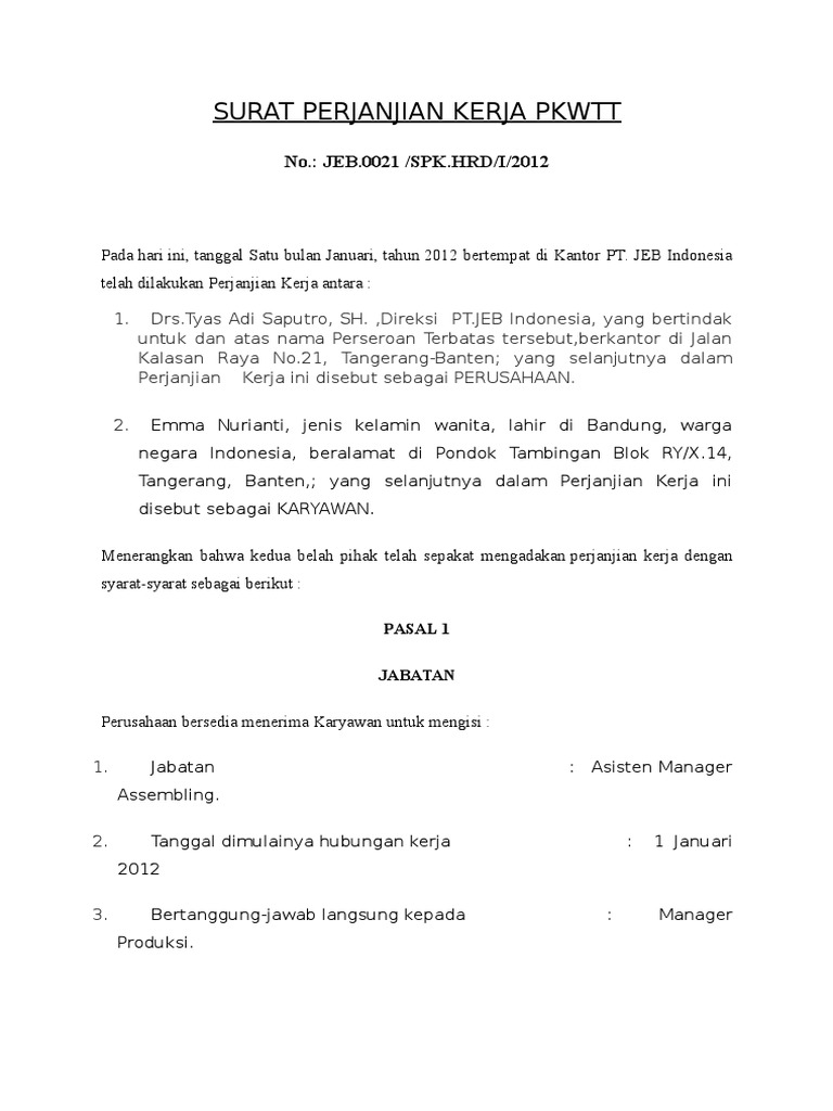Perjanjian Kontrak Kerja PKWTT | PDF