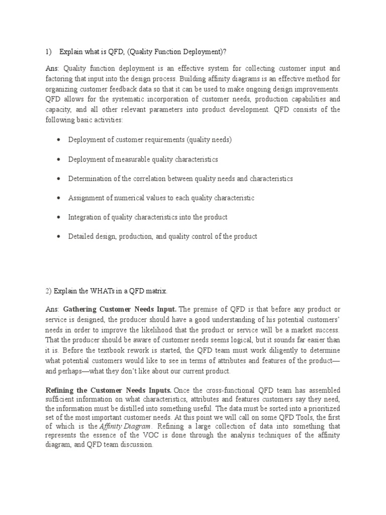 1) Explain What Is QFD, (Quality Function Deployment) ? Ans | PDF ...