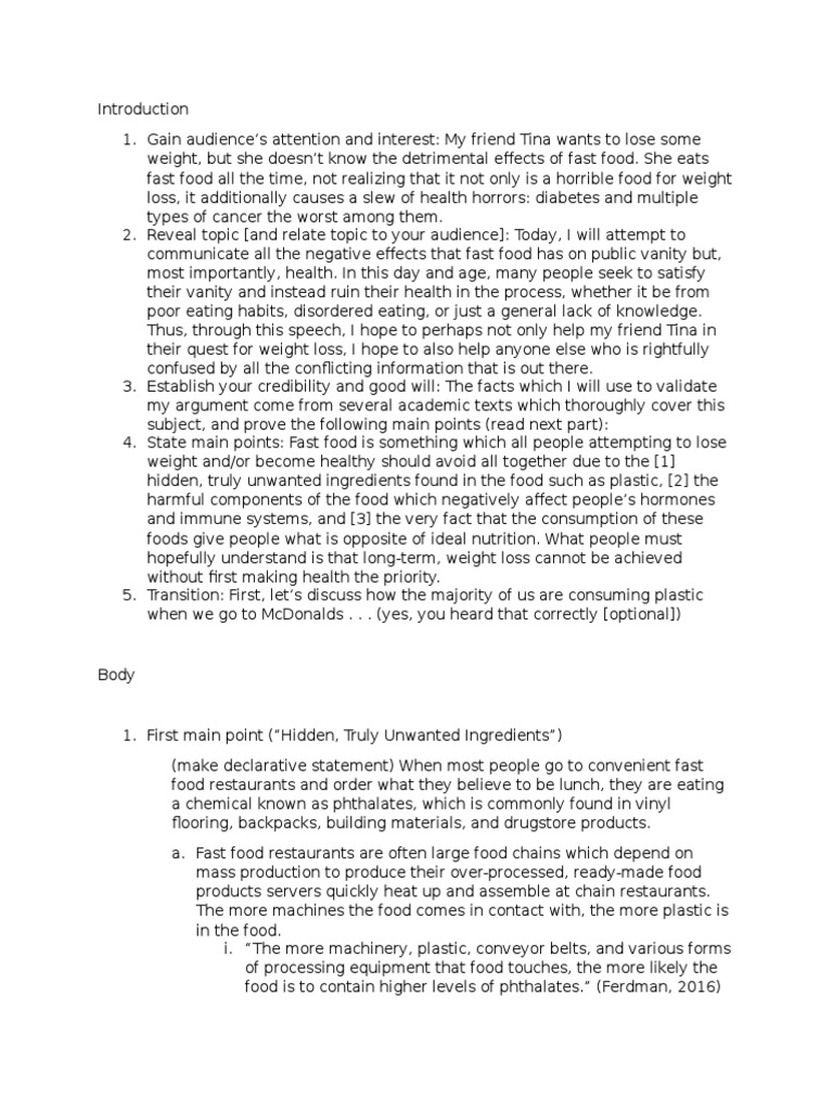 3-16-17 Fast Food Speech Detailed Outline | PDF | Weight Loss | Foods