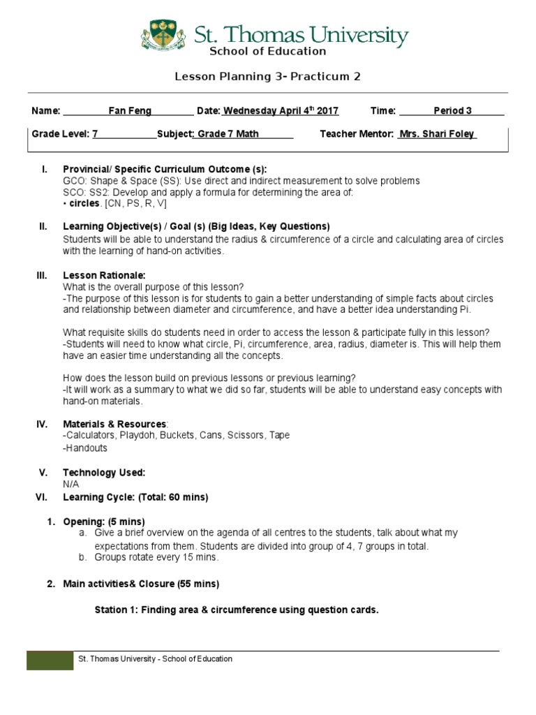 Lesson Plan 3 Practicum 2 | Download Free PDF | Pi | Lesson Plan