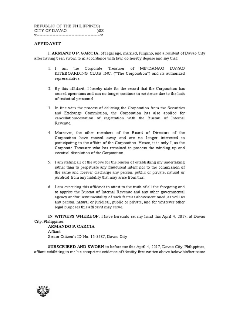 Affidavit - Armando Garcia - Cancellation of BIR Registration | PDF | Affidavit | Public Law