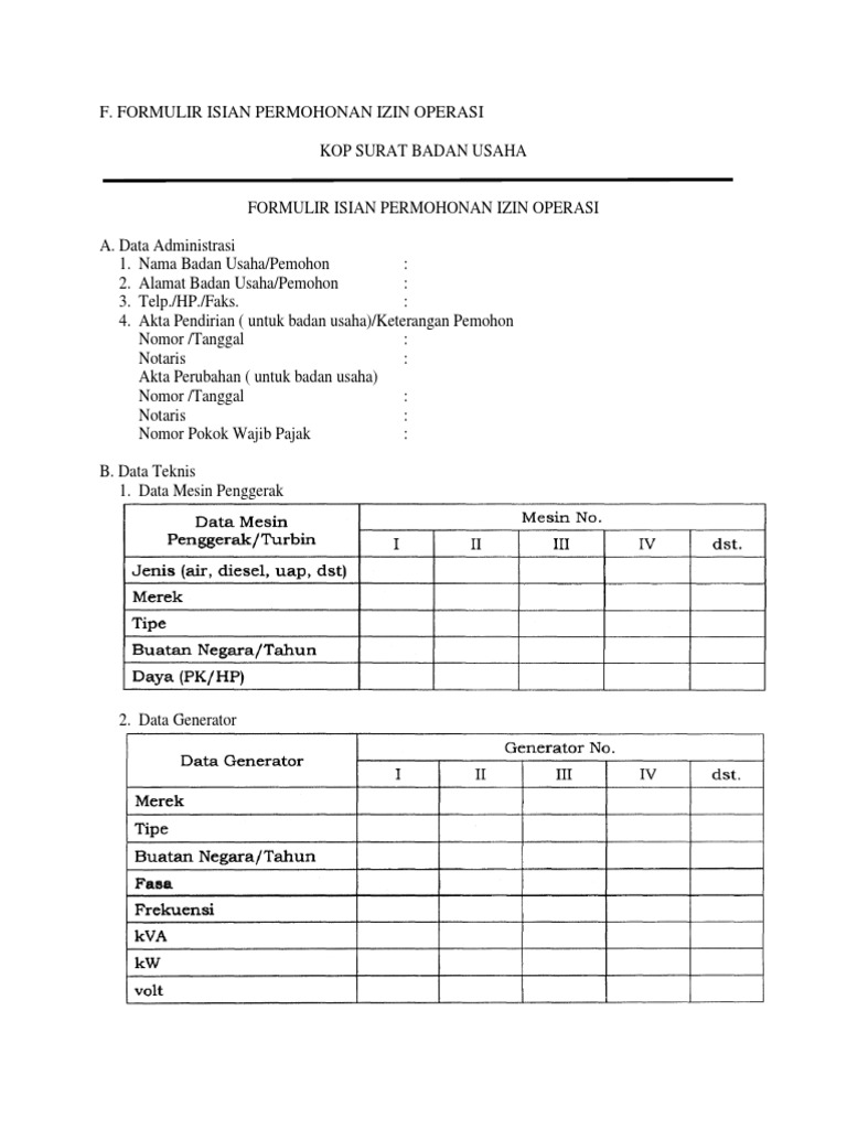 6 Contoh Formulir Isian Izin Operasi | PDF