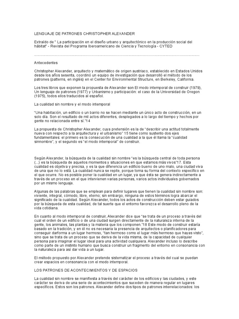 Lenguaje de Patrones Christopher Alexander | PDF | Espacio | Ciencia ...