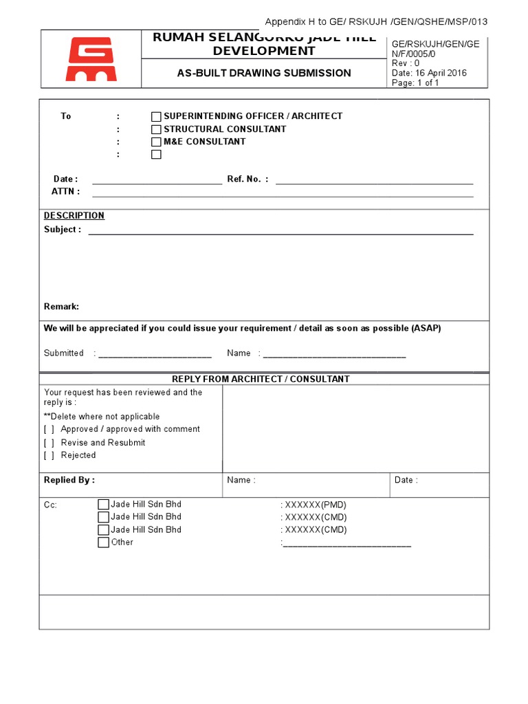Appendix H - As-Built Drawing Submission Form | PDF