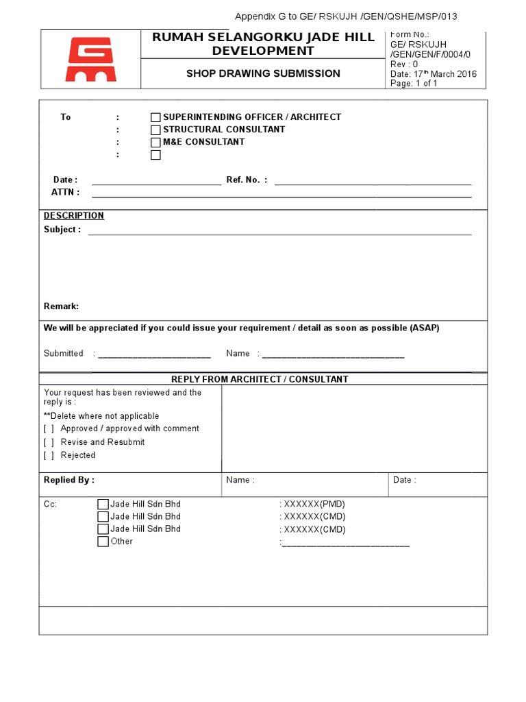Appendix G - Shop Drawing Submission Form