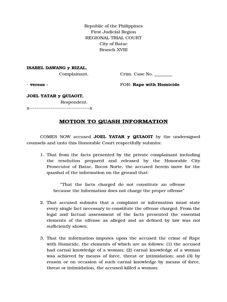 Motion To Quash | PDF | Element (Criminal Law) | Rape