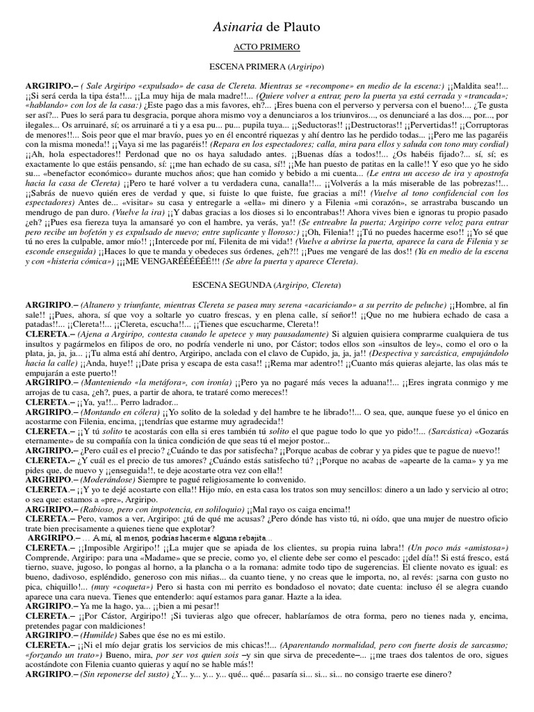Asinaria de Plauto: Acto Primero | PDF | Ironía | Amor