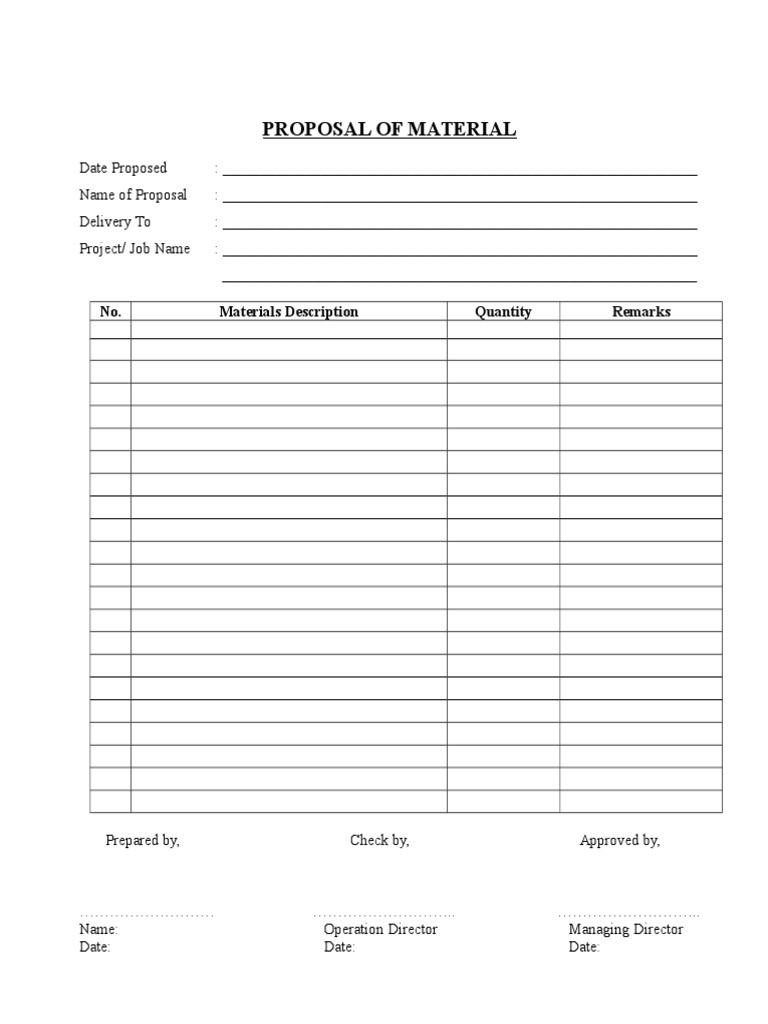 Proposal of Material: No. Materials Description Quantity Remarks | PDF