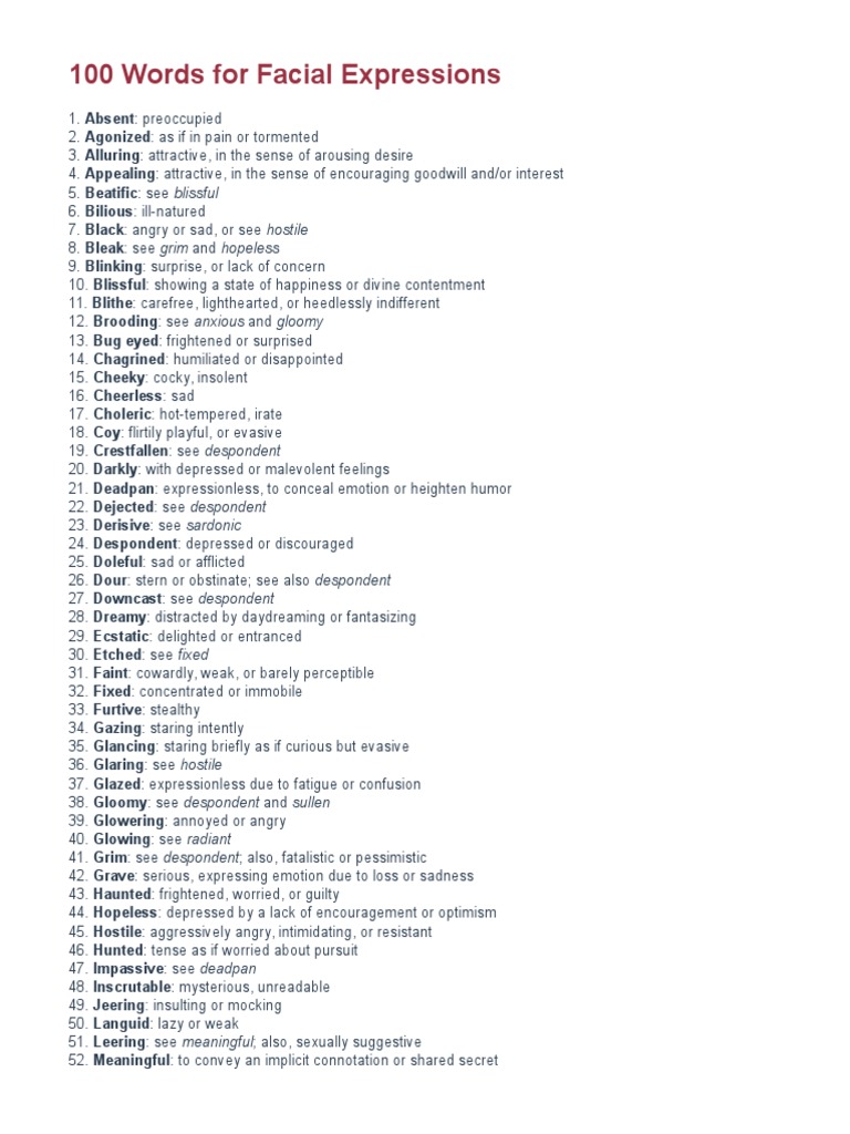 100 Words For Facial Expressions | PDF | Smile | Facial Features