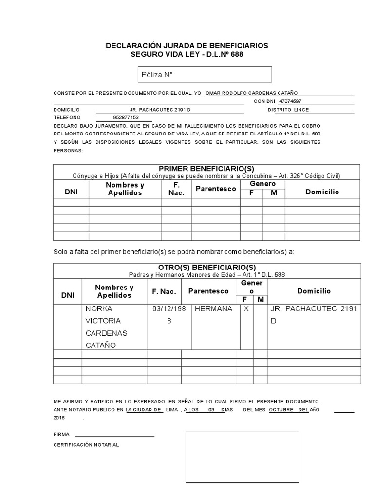 Declaracion Jurada de Beneficiarios de Vida Ley