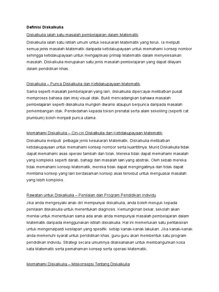 Definisi Diskalkulia | PDF