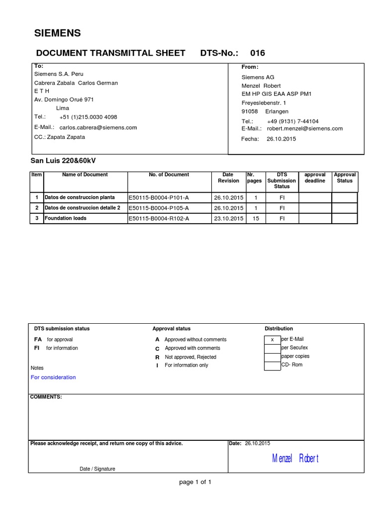 Siemens: Document Transmittal Sheet Dts-No.: 016 | PDF | Computing And ...