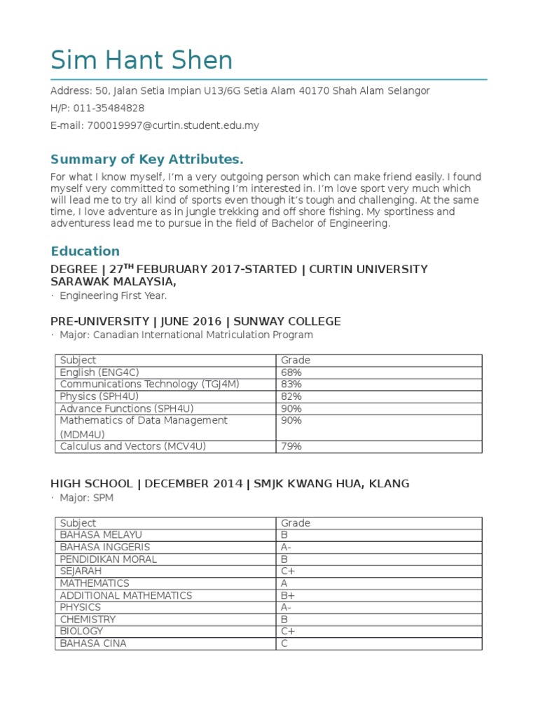 Sim Hant Shen CV | PDF | Secondary School | Schools