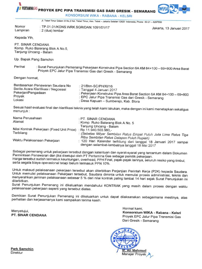 LOI & P2K Pipeline Section 6A - PT. SINAR CENDANA PDF | PDF