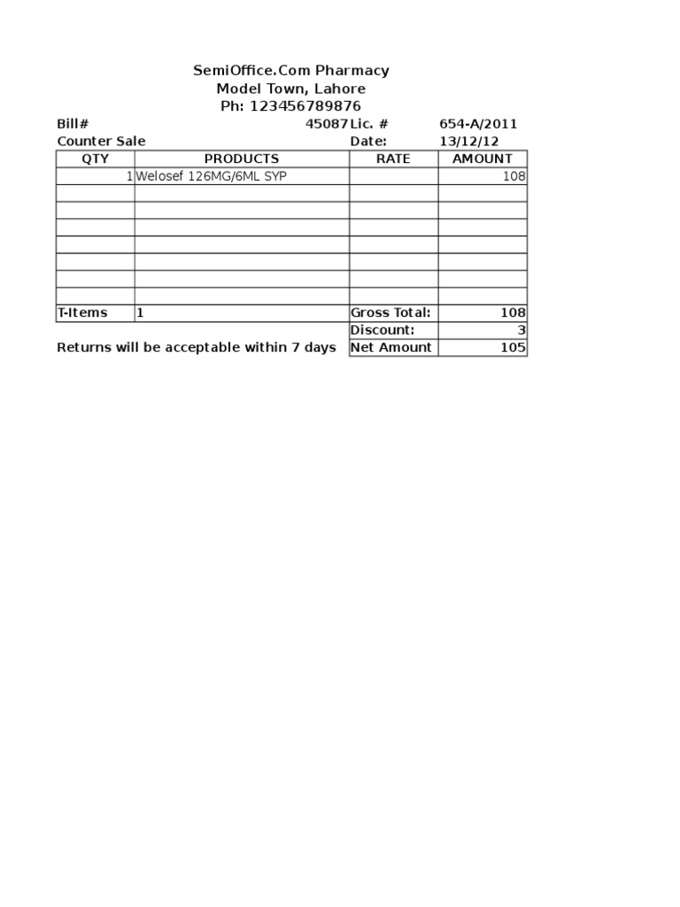 Pharmacy Bill Format in Excel