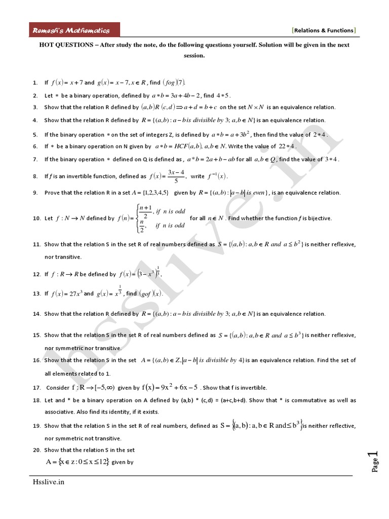 Relations&Functions Hot Qns | PDF | Function (Mathematics) | Teaching Mathematics