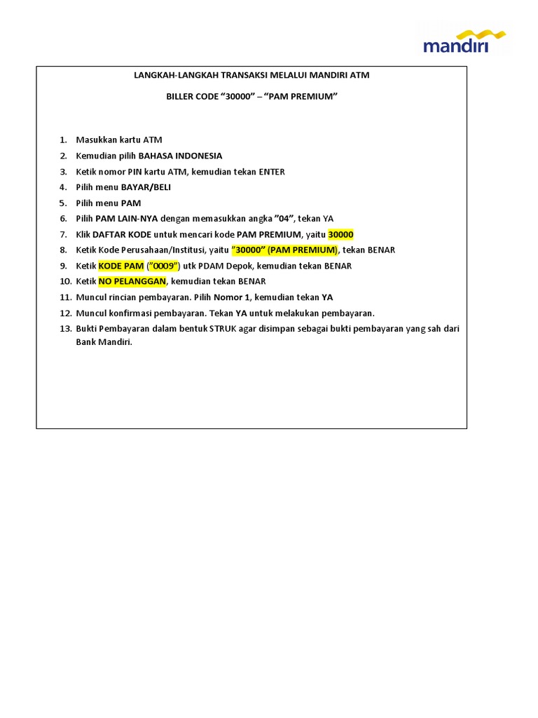 Cara Pembayaran PDAM Kota Depok Via ATM PDF | PDF