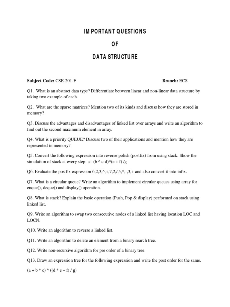 Important Questions OF Data Structure: Subject Code: CSE-201-F Branch: ECS | PDF