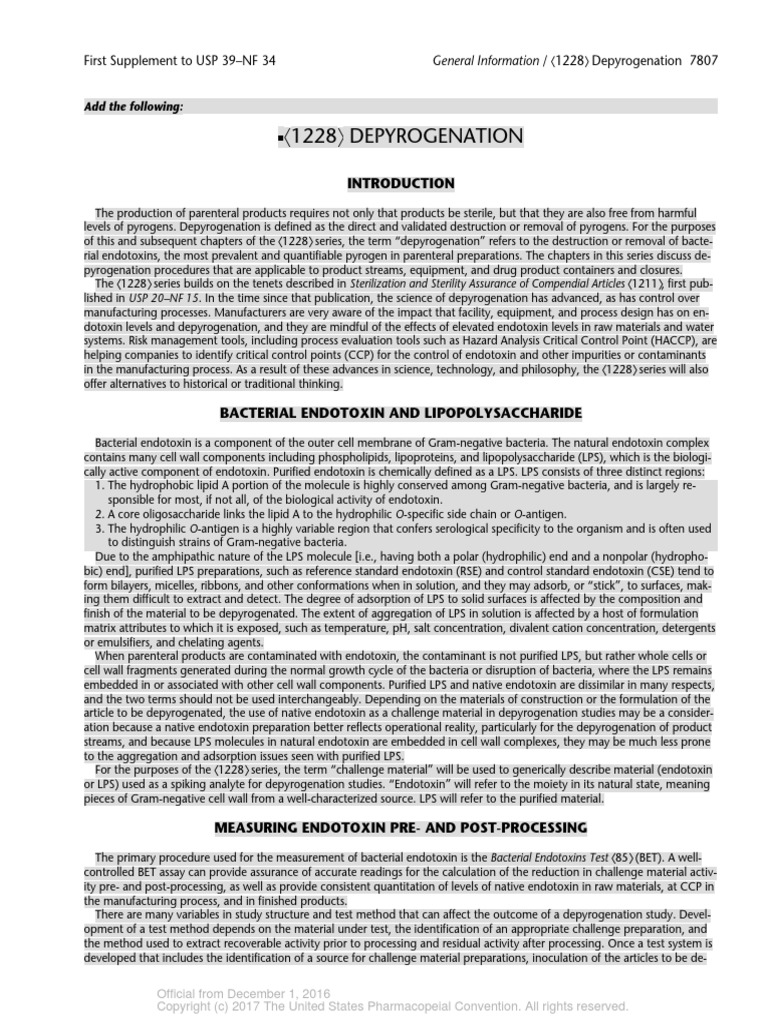 Á1228Ñ Depyrogenation: First Supplement To USP 39-NF 34 | PDF ...