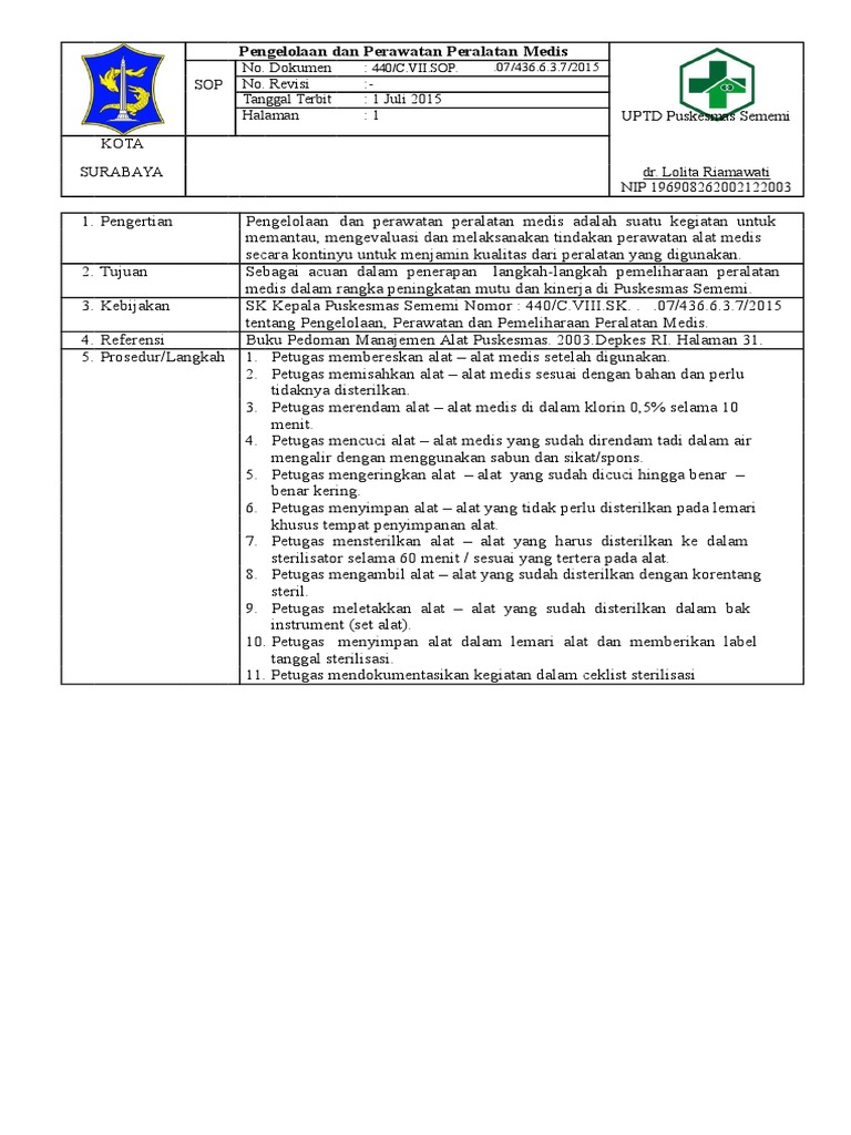 Sop Pengelolaan Dan Perawatan Peralatan Medis | PDF