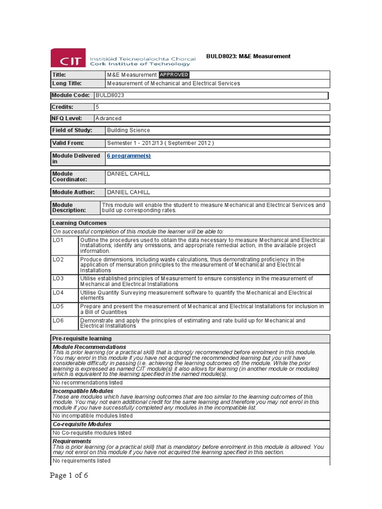 M&E Measurement Module Overview | PDF | Bachelor Of Science | Building ...