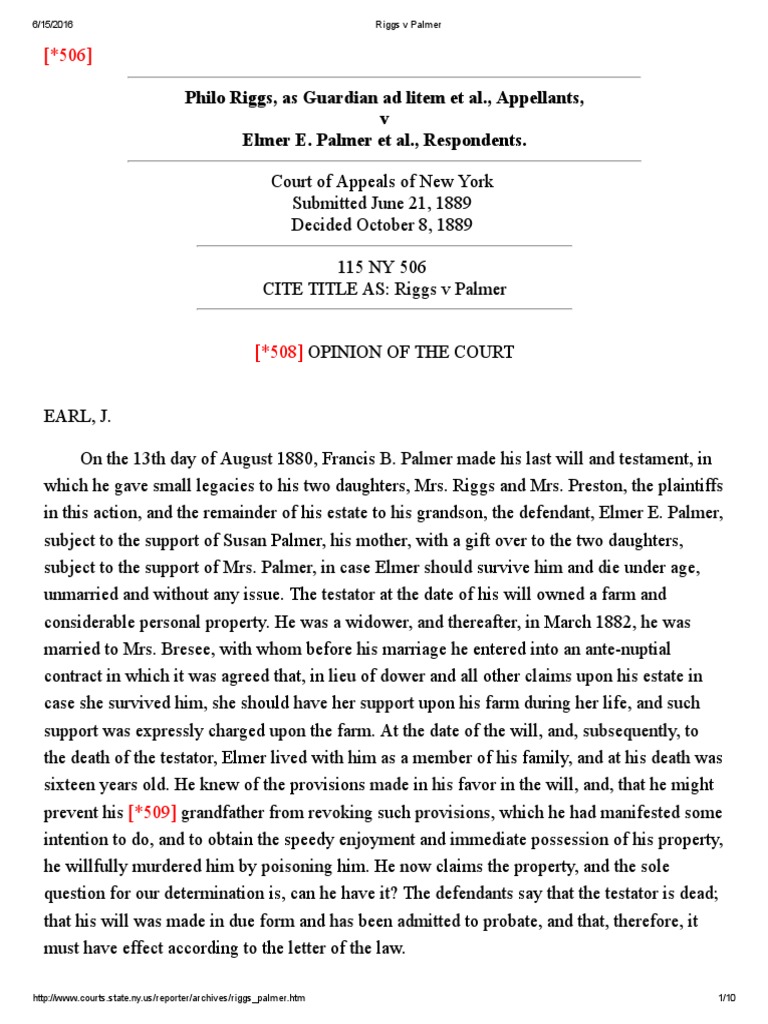 Riggs V Palmer | PDF | Will And Testament | Private Law