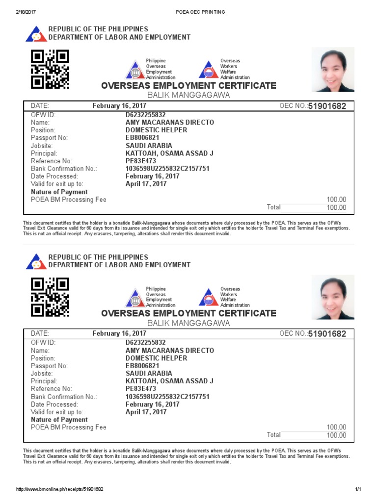 Poea Oec Printing | PDF | Passport | Official Documents