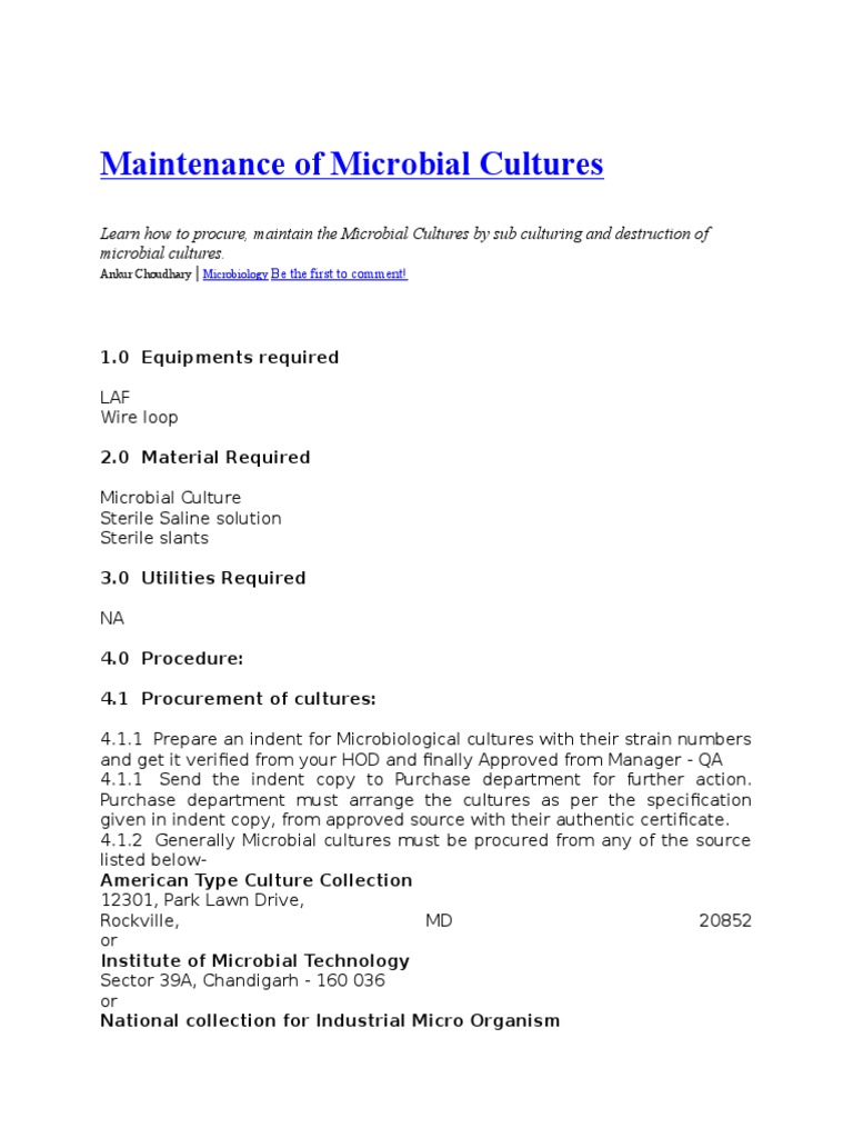 Maintenance of Microbial Cultures | PDF | Microbiology | Clinical Pathology