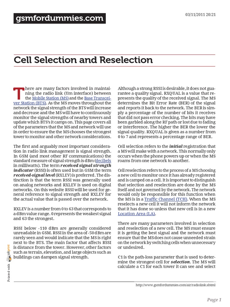 Cell Selection and Reselection | PDF | Electronic Engineering ...