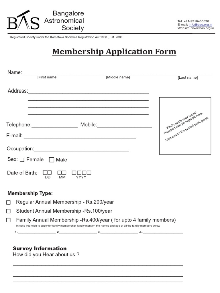 BAS Membership Application Form | PDF | Cheque | Paper