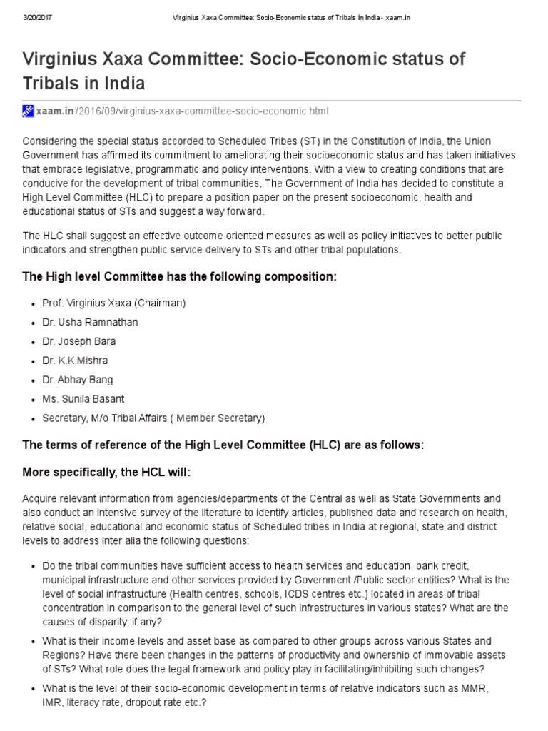 Virginius Xaxa Committee - Socio-Economic Status of Tribals in India ...