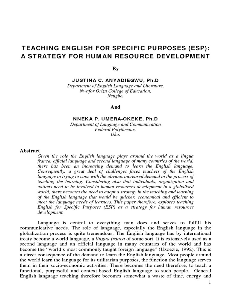 Teaching English For Specific Purposes - Esp | Download Free PDF | English As A Second Or ...