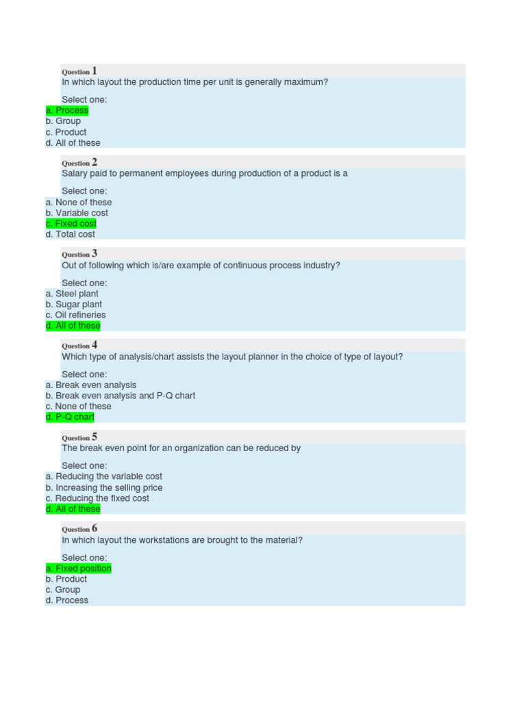 Plant Layout and Design Quiz - 1 Answers | PDF | Industries ...