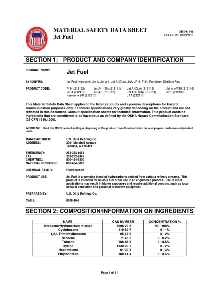 Jet Fuel - SDS 941 - 130709 PDF | PDF | Jet Fuel | Firefighting