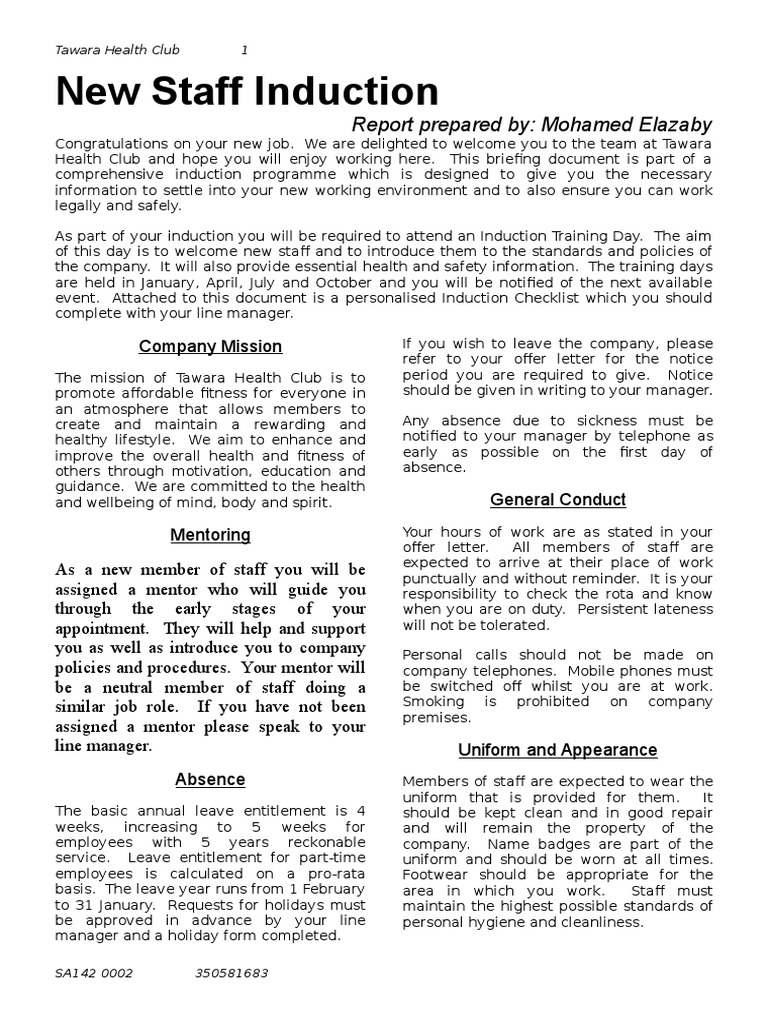 New Staff Induction: Report Prepared By: Mohamed Elazaby | PDF