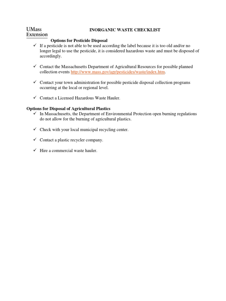 Inorganic Waste Checklist Options For Pesticide Disposal | PDF | Waste ...
