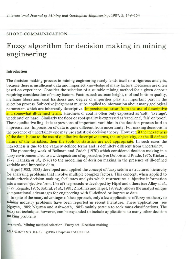 1987 Fuzzy Algorithm For Decision Making In Mining Engineering Pdf Fuzzy Logic Matrix